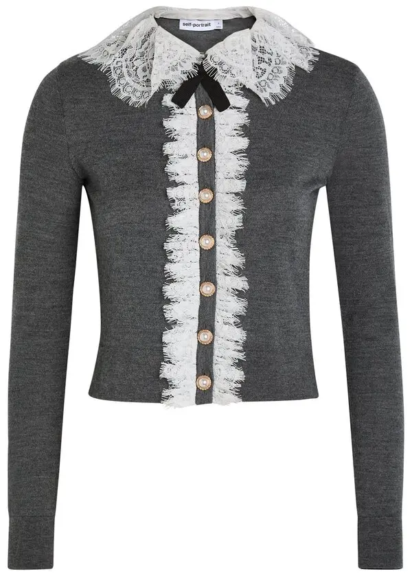 SELF-PORTRAIT Lace-trimmed Wool Cardigan With Detachable Collar