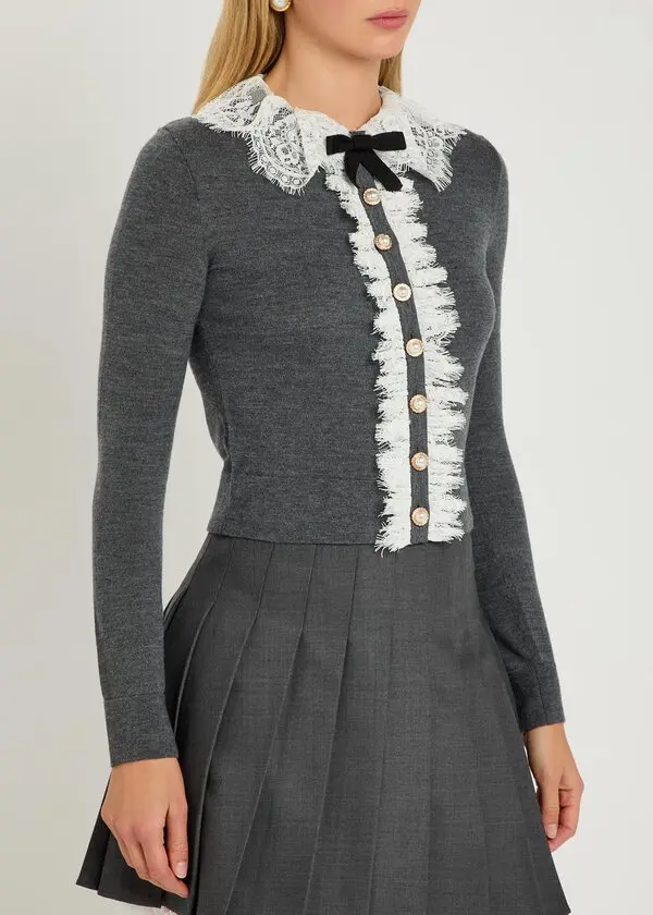 SELF-PORTRAIT Lace-trimmed Wool Cardigan With Detachable Collar