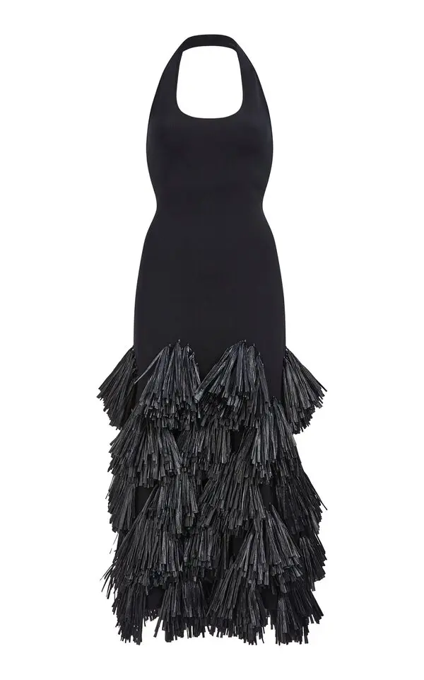 Aje Elva Raffia Fringe Knit Midi Dress - Black