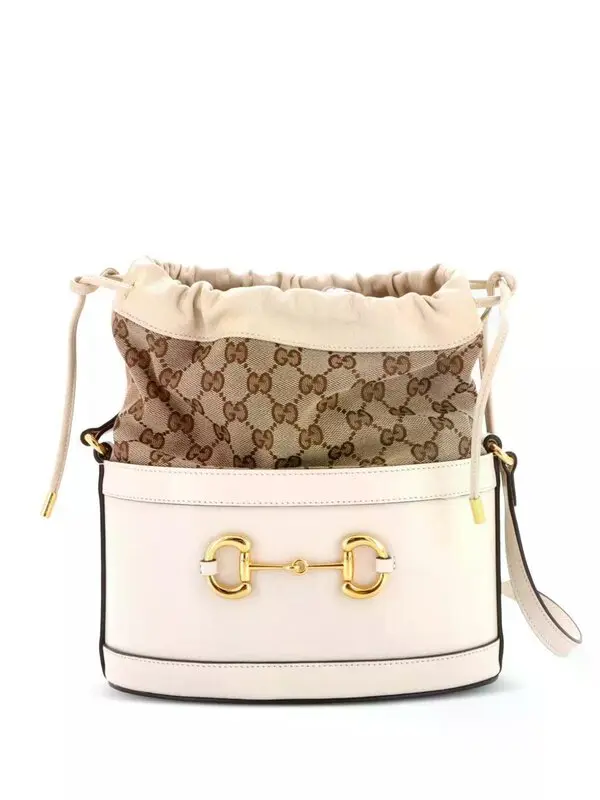 Gucci Horsebit 1955 Small Bucket Bag In Leather And Gg Canvas - Neutrals