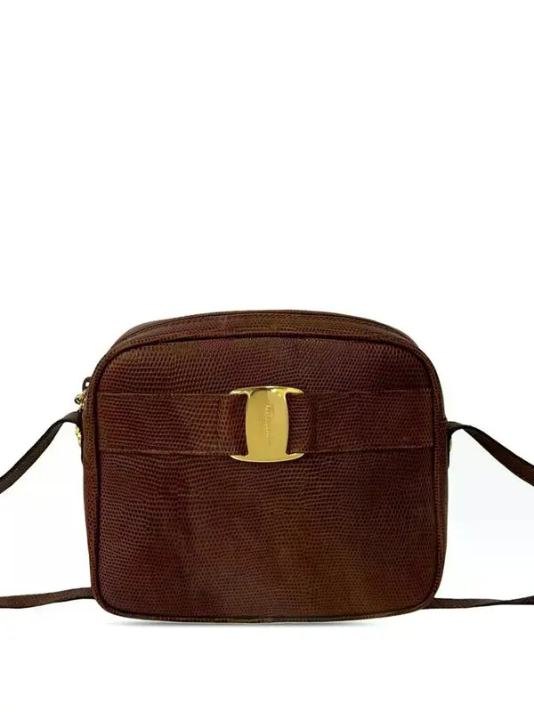 FERRAGAMO Lizard Embossed Leather Vara Crossbody Bag - Brown