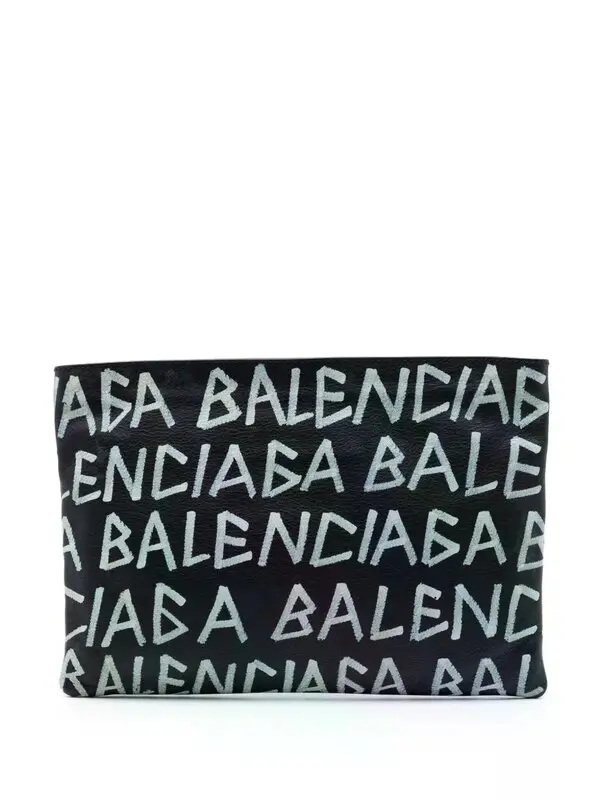 Balenciaga Leather Graffiti Clutch Bag - Black