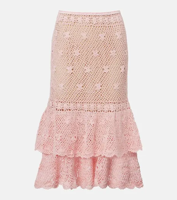 Anna Kosturova Crochet Ruffled Midi Skirt - Pink