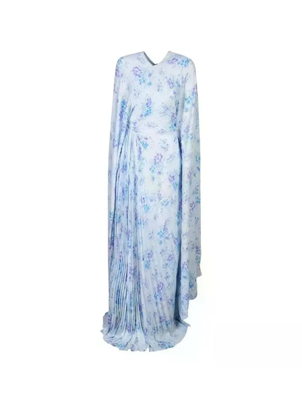 Balenciaga Floral Print Pleated Maxi Dress - Blue