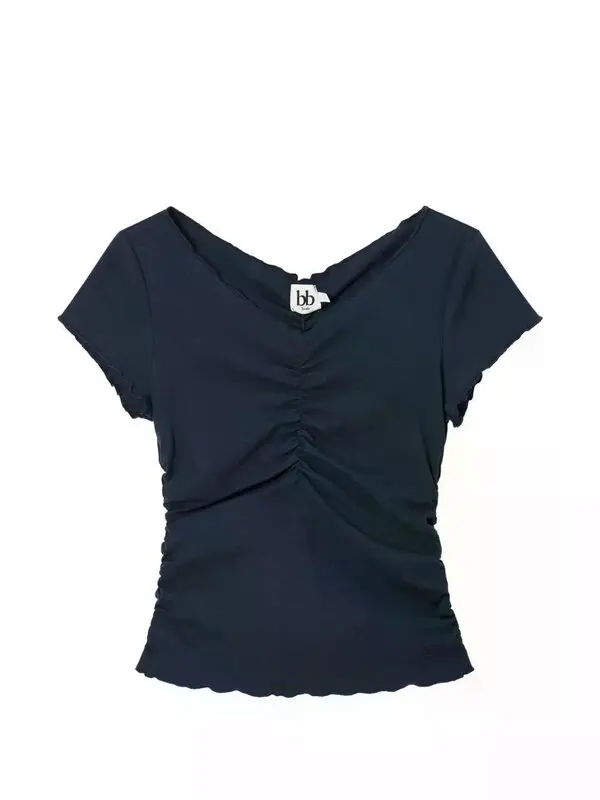B+AB Ruched Lettuce-trim V-neck T-shirt - Blue