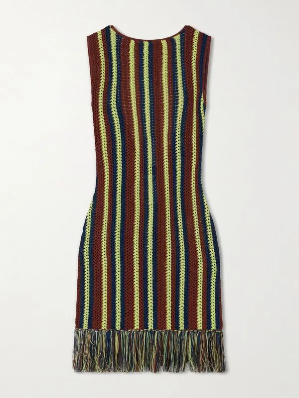 Escvdo Misti Matcha Striped Crocheted Cotton Mini Dress With Fringe Trim - Multi