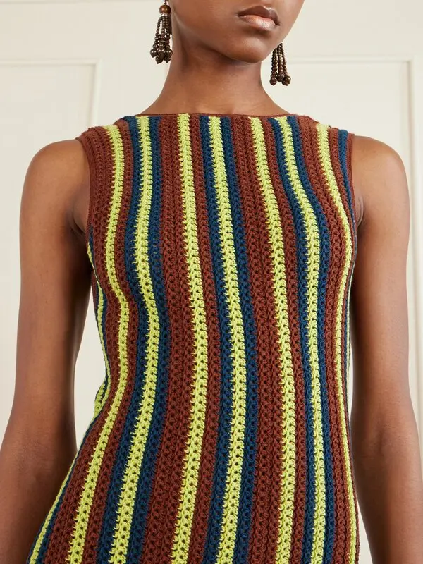 Escvdo Misti Matcha Striped Crocheted Cotton Mini Dress With Fringe Trim - Multi