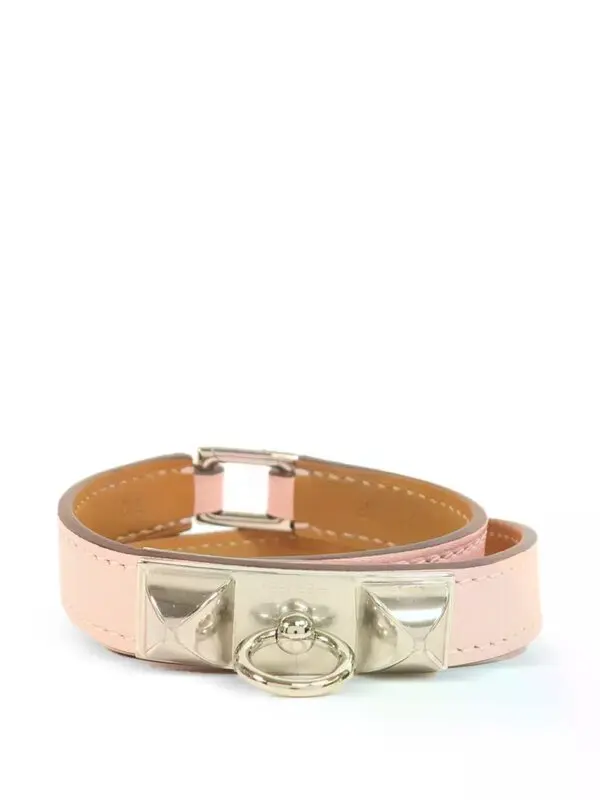 Hermès Rivale Double Tour Bracelet In Pink Swift Leather With Stud Embellishments - Silver