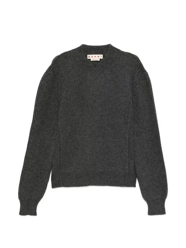 Marni Ribbed V-neck Sweater With Logo Patch - Grey