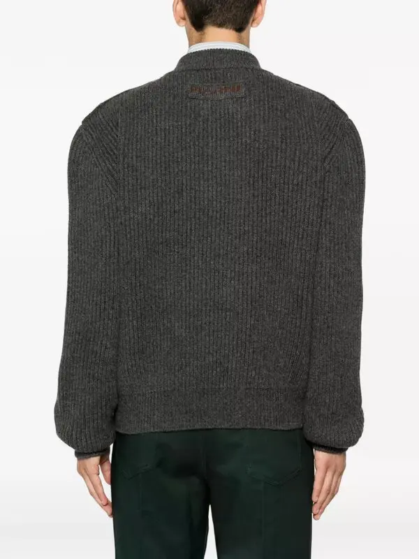 Marni Ribbed V-neck Sweater With Logo Patch