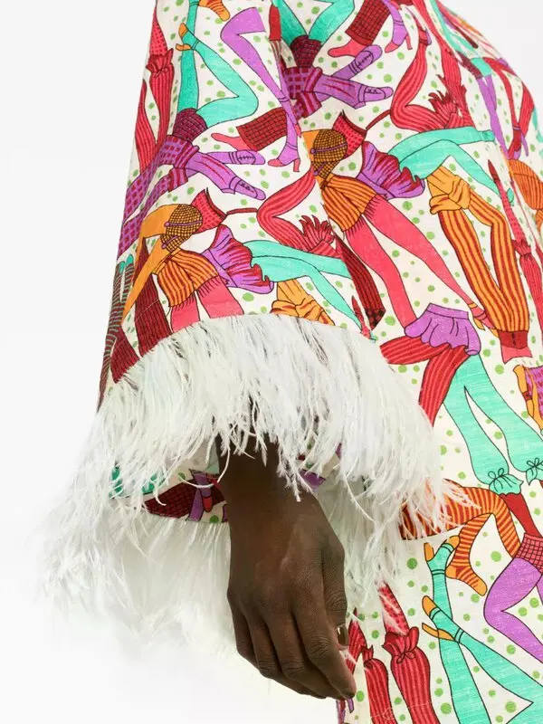 La DoubleJ Feather-trim Graphic Print Cotton Dress