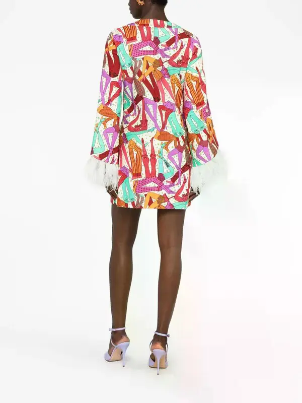 La DoubleJ Feather-trim Graphic Print Cotton Dress