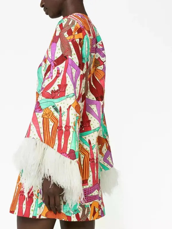 La DoubleJ Feather-trim Graphic Print Cotton Dress