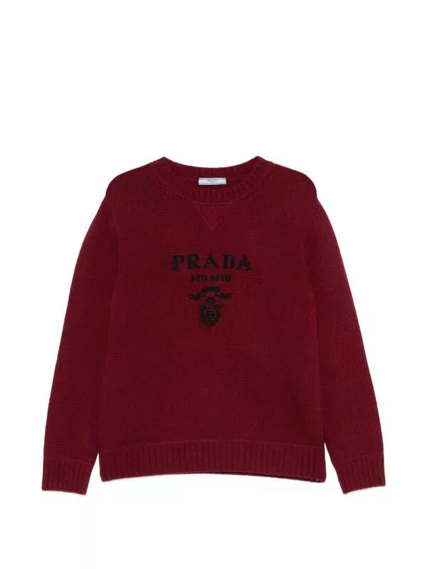 Prada Logo Intarsia Ribbed Knit Crew Neck Sweater - Red