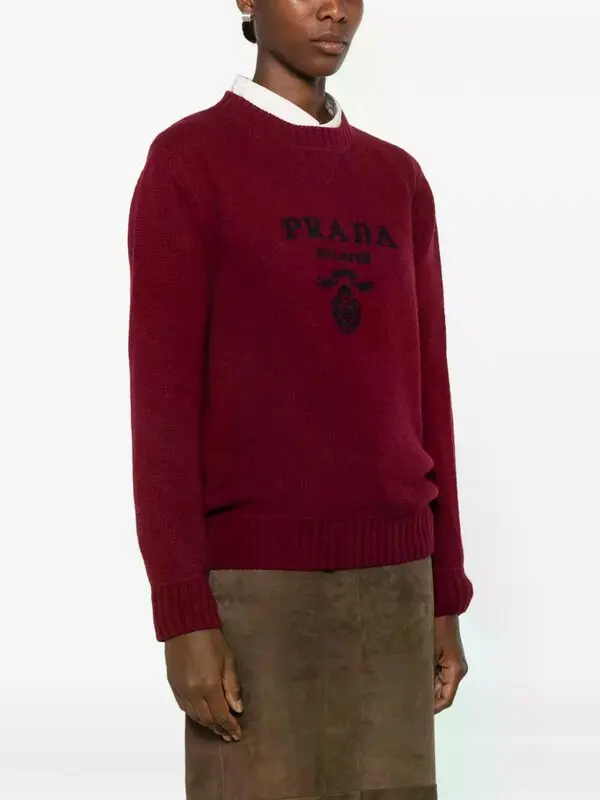 Prada Logo Intarsia Ribbed Knit Crew Neck Sweater
