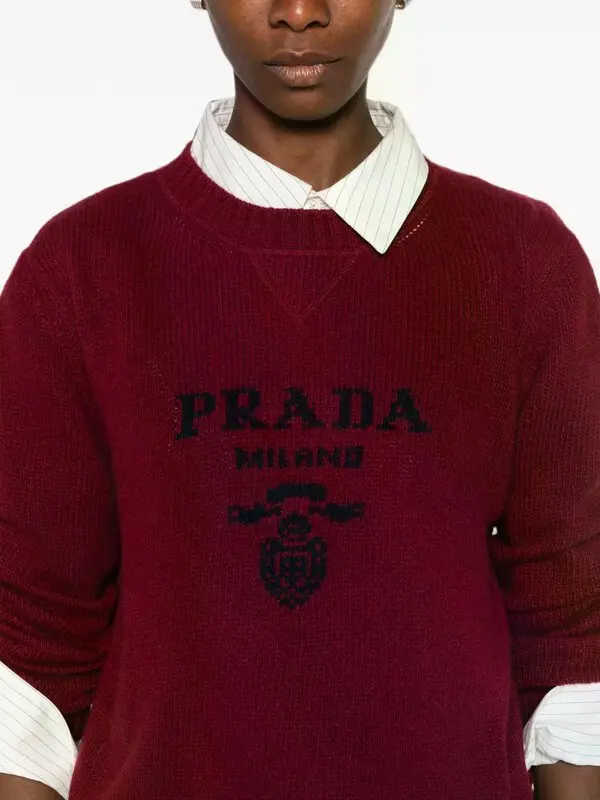 Prada Logo Intarsia Ribbed Knit Crew Neck Sweater