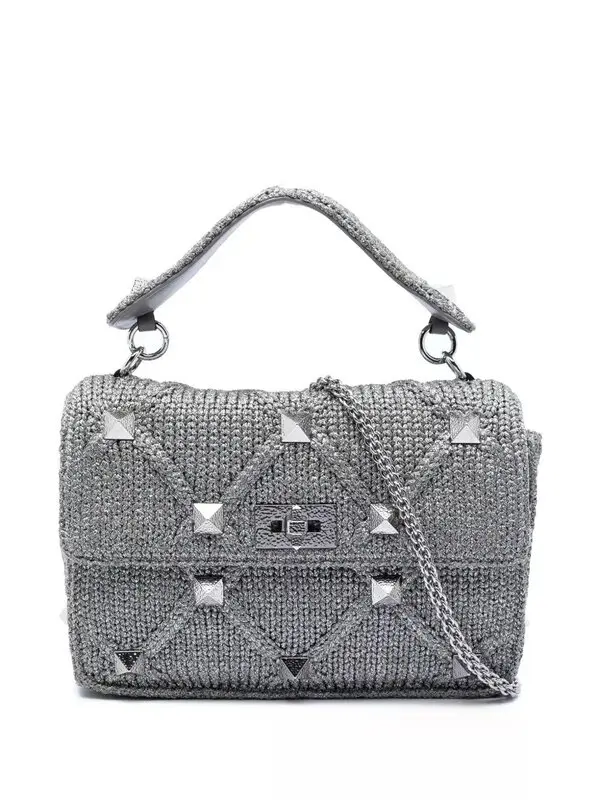 Valentino Garavani Large Metallic Knit Roman Stud Satchel - Silver