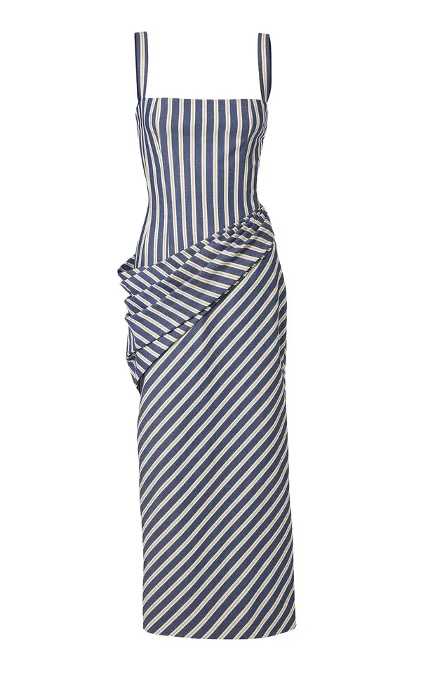 Carolina Herrera Draped Cotton Denim-stripe Midi Dress - Blue