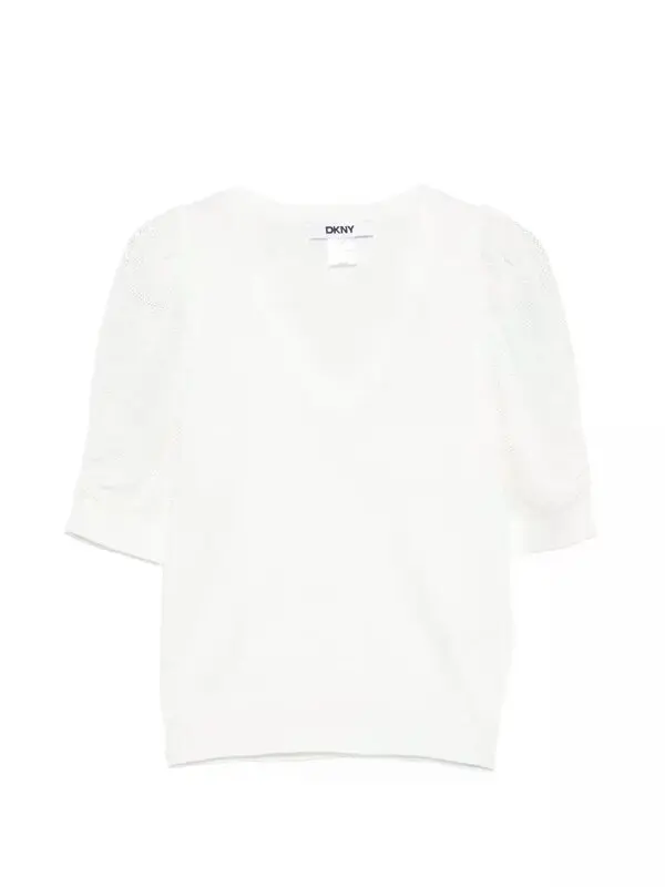 Dkny V-neck Puff Sleeve Top With Mesh Panels - Neutrals