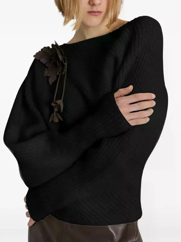 Alberta Ferretti Ribbed Knit Sweater With Floral Appliqu