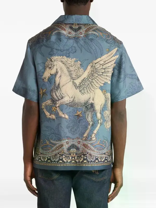 Etro Silk Bowling Shirt With Placed Pegaso-print - Blue
