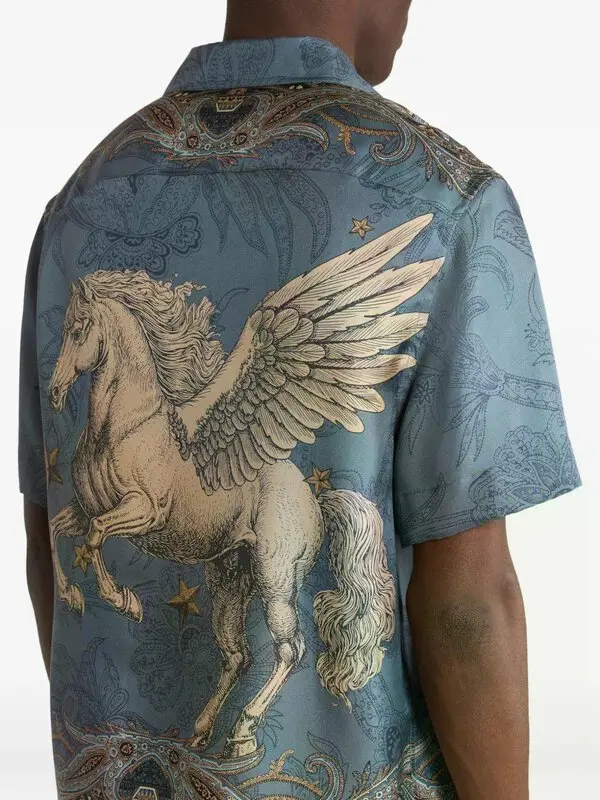 Etro Silk Bowling Shirt With Placed Pegaso-print - Blue