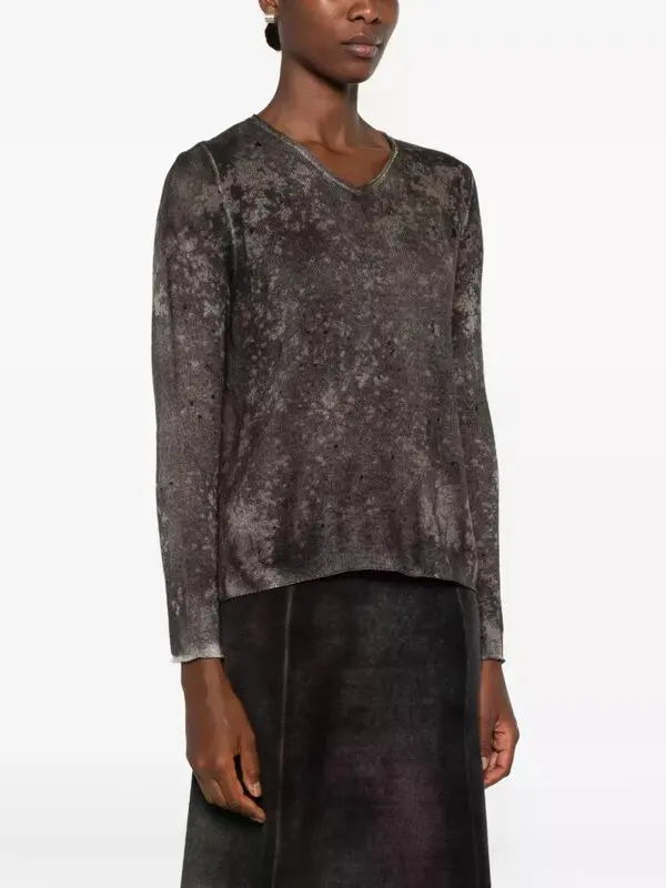 Avant Toi Distressed V-neck Long Sleeve Sweater - Grey