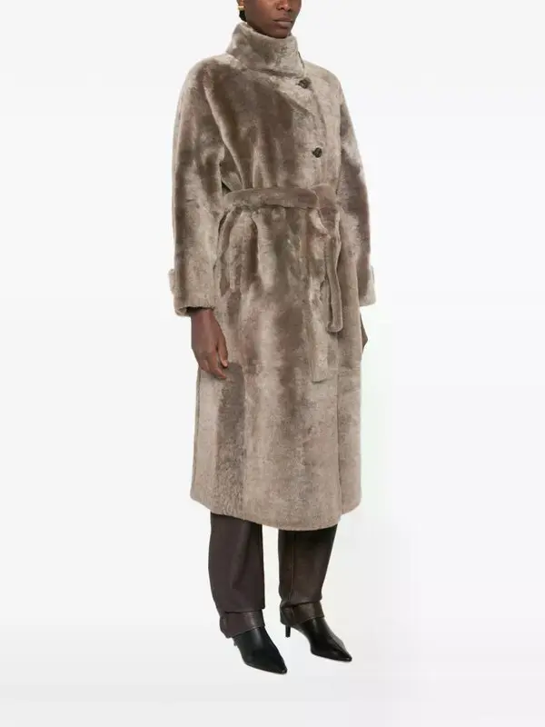 Brunello Cucinelli Belted Shearling Coat - Neutrals
