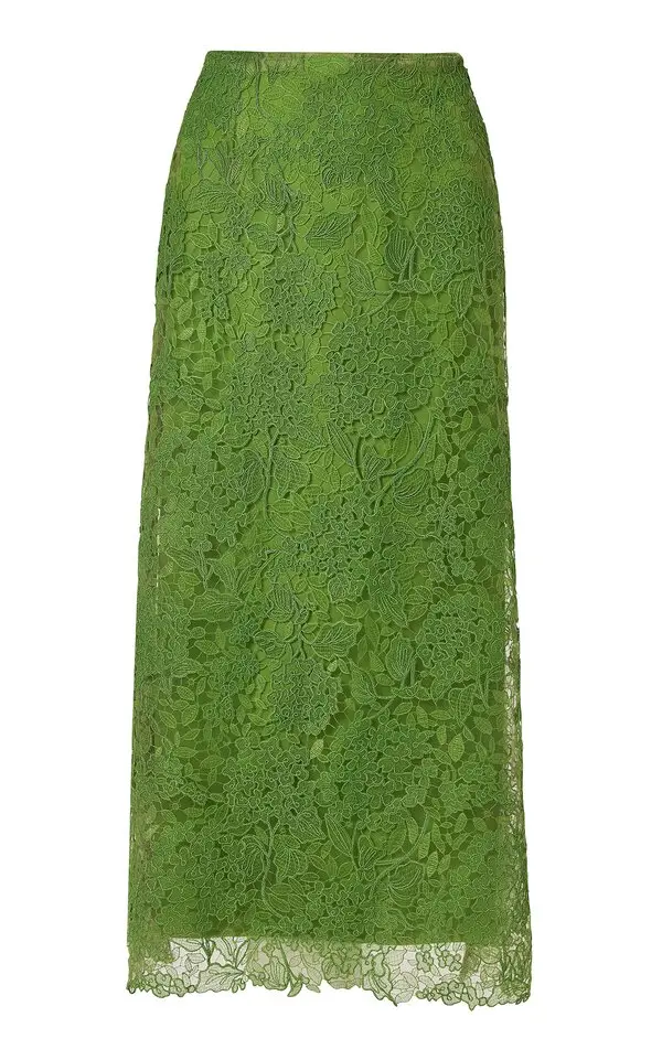 Carolina Herrera Hydrangea Floral Lace Midi Slip Skirt - Green
