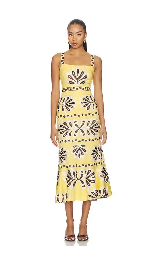 Alexis Sirena Midi Dress With Embroidered Florals - Yellow