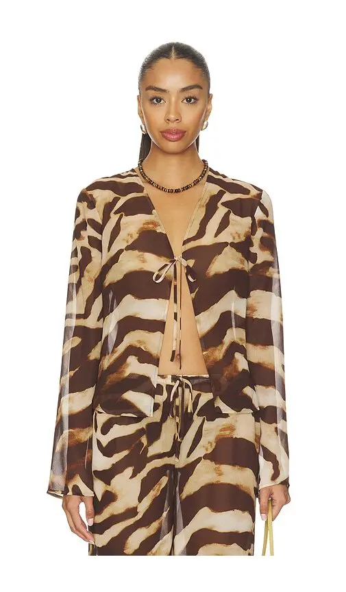 Superdown Sheer Printed Tie Front Blouse