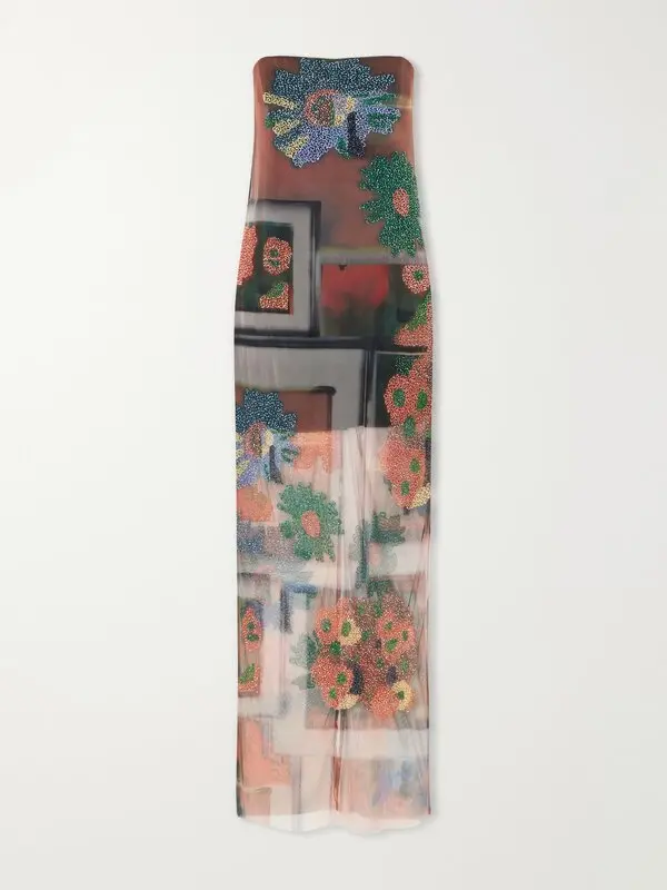 Staud Liliana Beaded Printed Tulle Maxi Dress - Multi