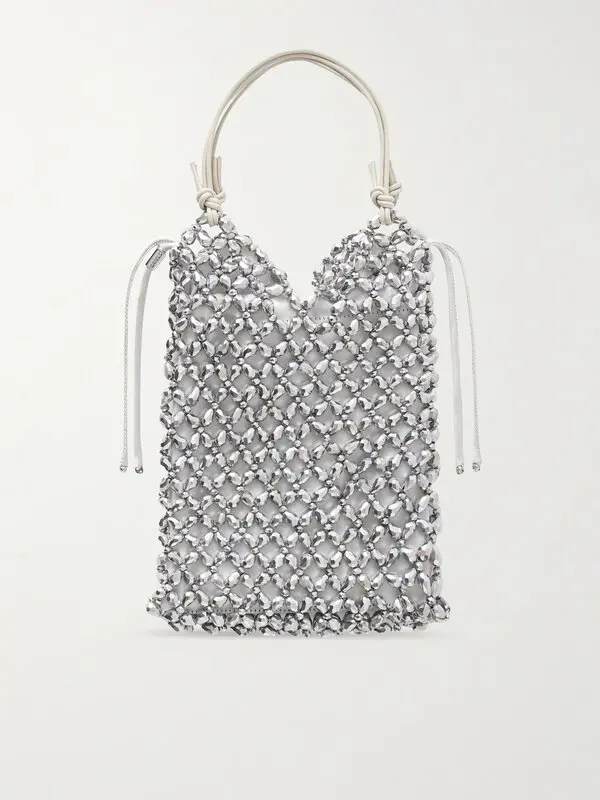Staud Embellished Satin Shoulder Bag With Leather Trim - Silver
