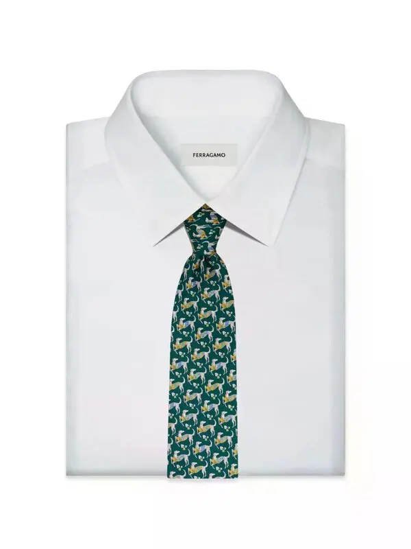 FERRAGAMO Hounds-print Silk Tie - Green