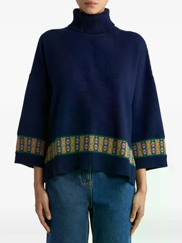 Etro Wool-blend Kimono Sweater With Tassels And Geometric Motif - Blue