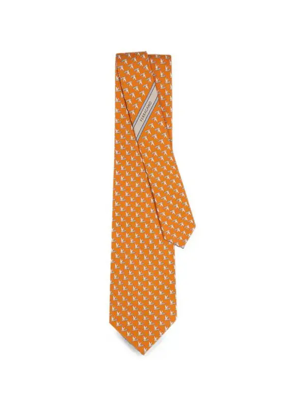 FERRAGAMO Mallard Print Silk Neck Tie - Orange
