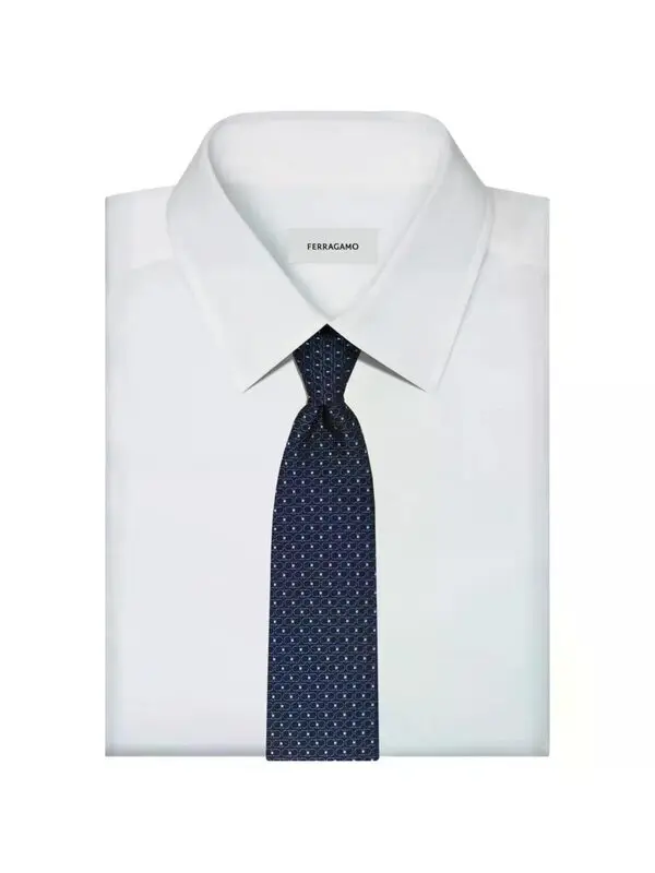 FERRAGAMO Double Gancini Silk Jacquard Neck Tie - Blue