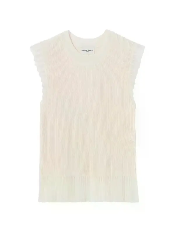 Claudie Pierlot High-neck Sleeveless Knit Top With Sheer Ruffle Detailing - Neutrals