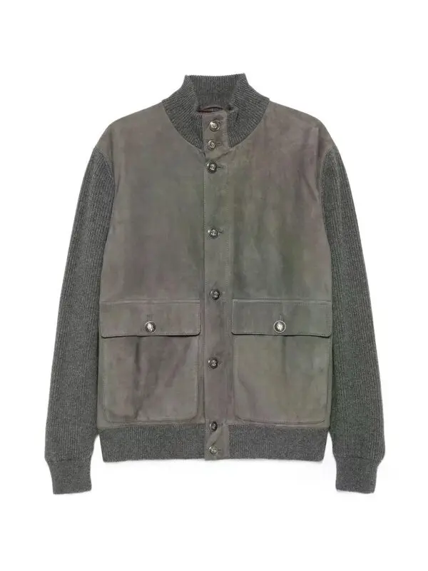Brunello Cucinelli Suede Panel Ribbed Knit Jacket