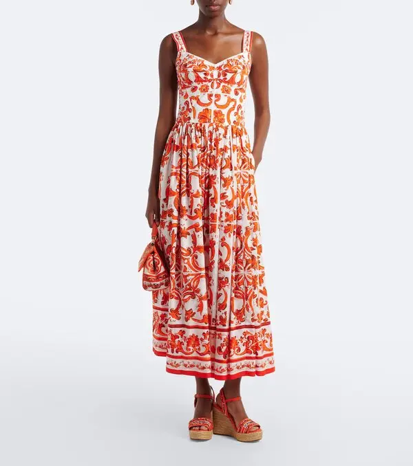 Dolce & Gabbana Majolica Print Cotton Poplin Maxi Dress - Orange