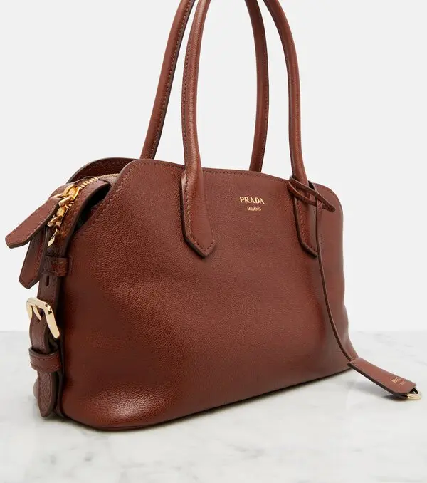 Prada Signet Medium Leather Bowling Bag - Brown