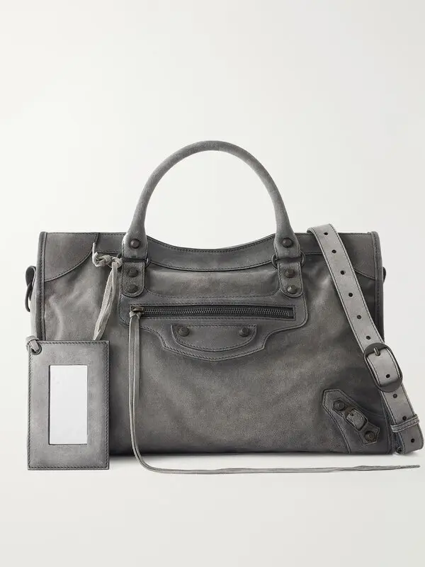 Balenciaga Le City Medium Embellished Suede Shoulder Bag - Gray