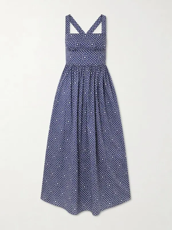 Matteau Gathered Printed Organic Cotton Midi Dress - Blue