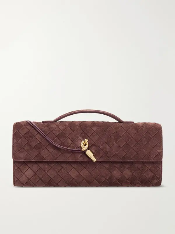 Bottega Veneta Andiamo Long Intrecciato Suede Clutch - Brown