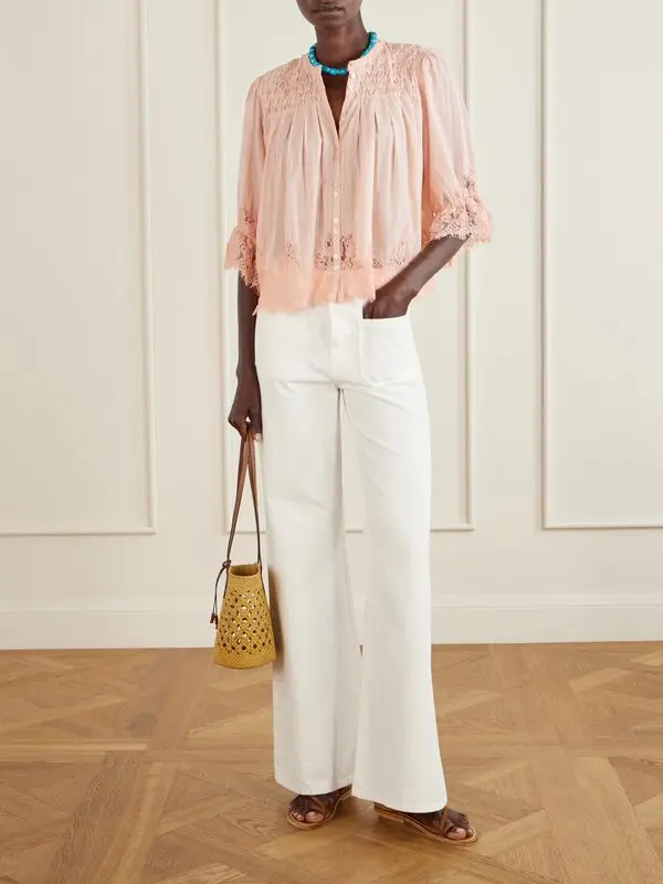 Rixo Erika Shirred Lace-trimmed Cotton-voile Blouse
