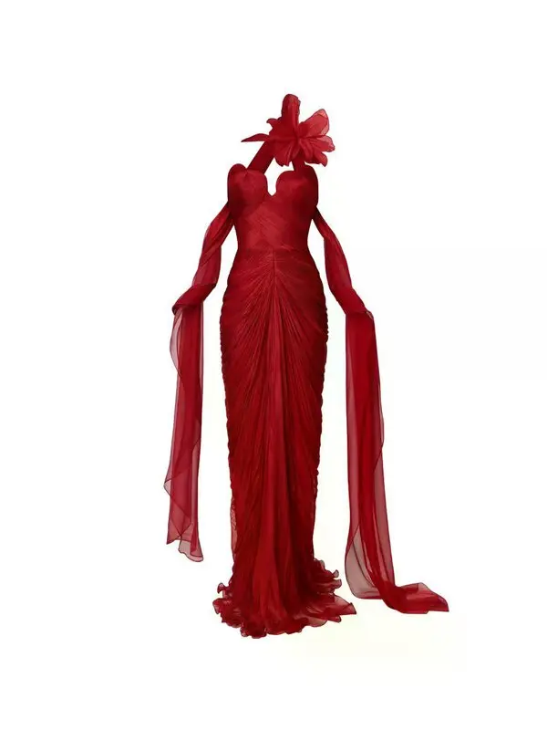 IRIS SERBAN Ruched Floral Appliqué Maxi Dress
