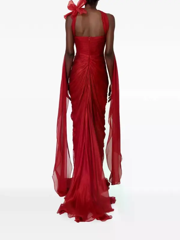 IRIS SERBAN Ruched Floral Appliqué Maxi Dress