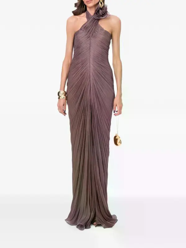 ANA RADU Floral Detail Pleated Maxi Gown - Brown