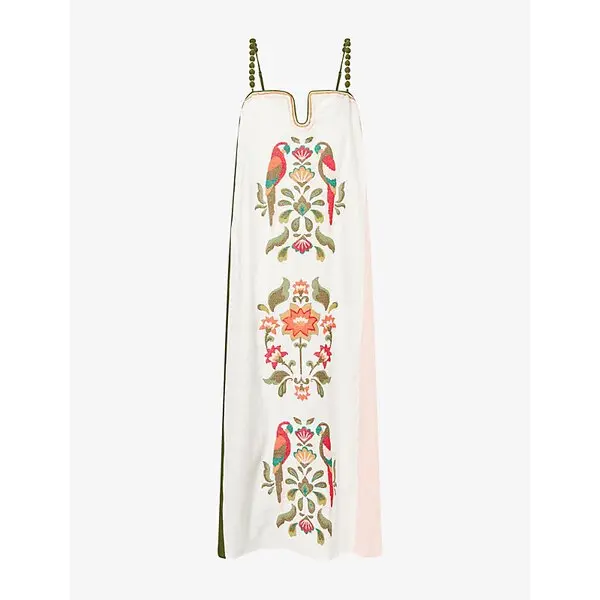 Farm Rio Embroidered Linen-blend Maxi Dress With Beaded Straps - Multi