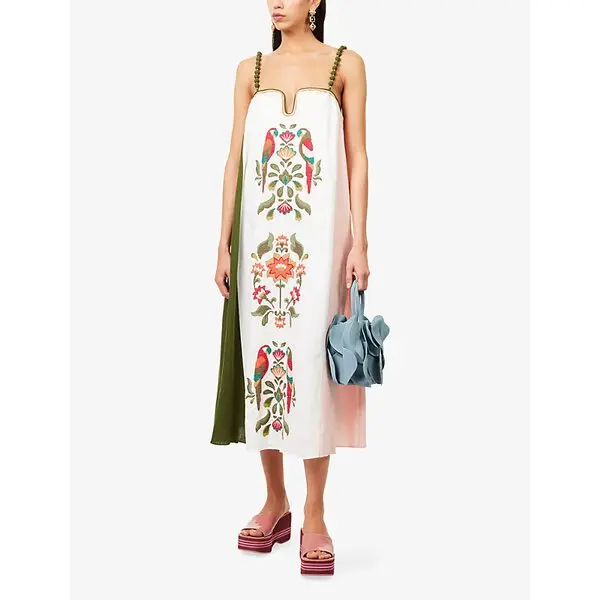 Farm Rio Embroidered Linen-blend Maxi Dress With Beaded Straps